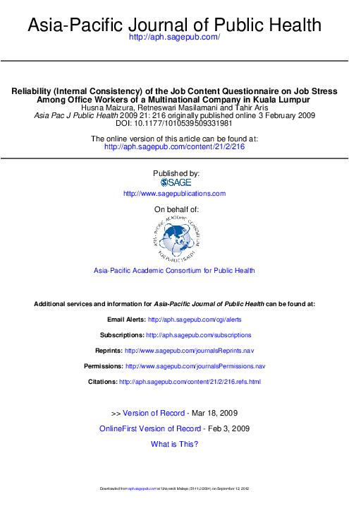 (PDF) Reliability (internal consistency) of the Job Content ...