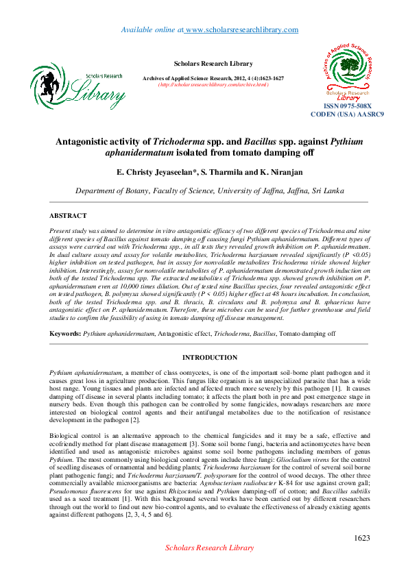 Pdf Antagonistic Activity Of Trichoderma Spp And Bacillus Spp Against Pythium Aphanidermatum