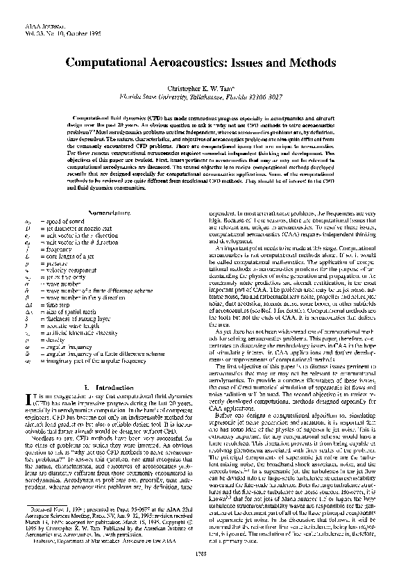 Pdf Computational Aeroacoustics Issues And Methods