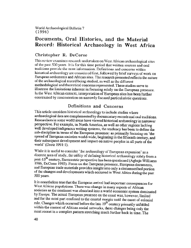 (PDF) Historical Archaeology in West Africa Documents, Oral Histories ...