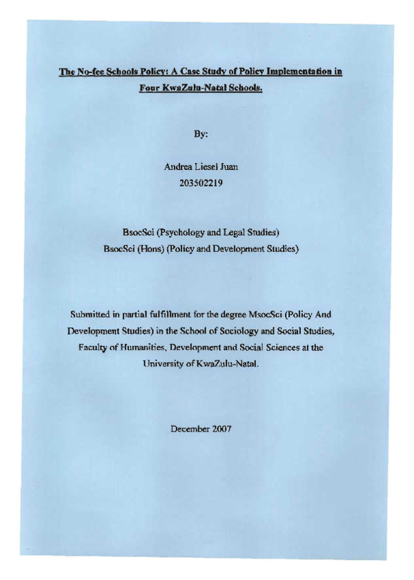 (PDF) The no-fee schools policy: a case study of policy implementation in four KwaZulu-Natal schools