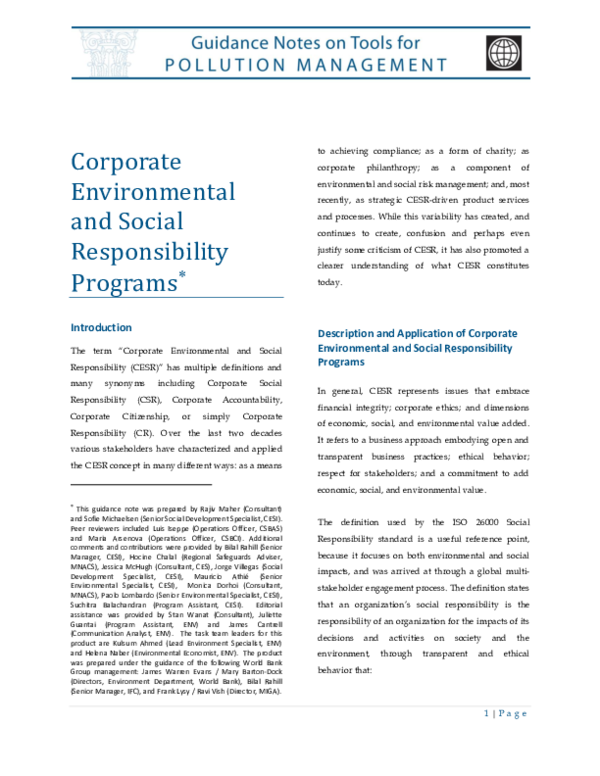 (PDF) Corporate Environmental and Social Responsibility Programs