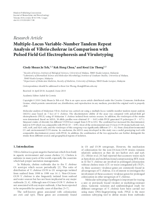 (PDF) Multiple-locus variable number tandem repeat analysis of Vibrio cholerae in comparison ...