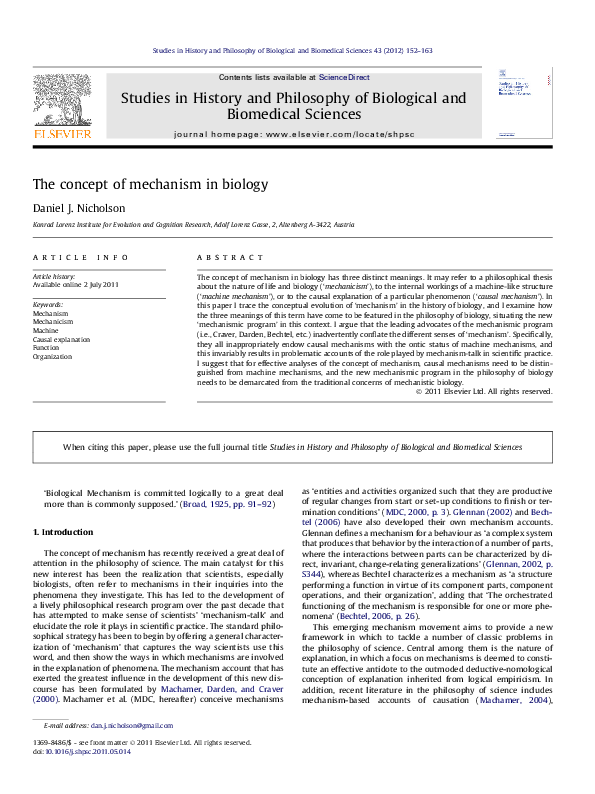 (PDF) The Concept of Mechanism in Biology