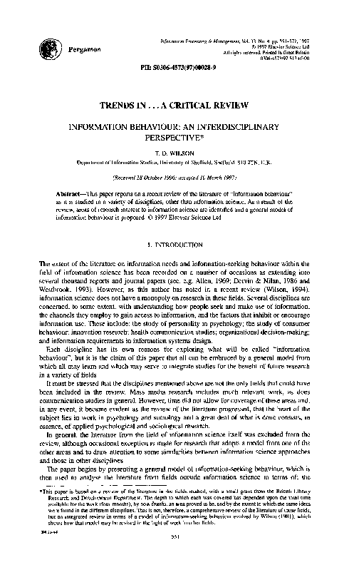 (PDF) Information behaviour: an interdisciplinary perspective
