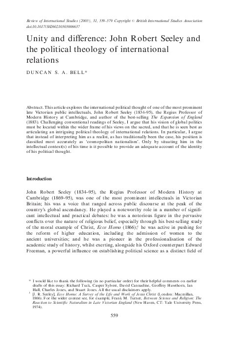 (PDF) 'Unity and Difference: J. R. Seeley and the Political Theology of ...
