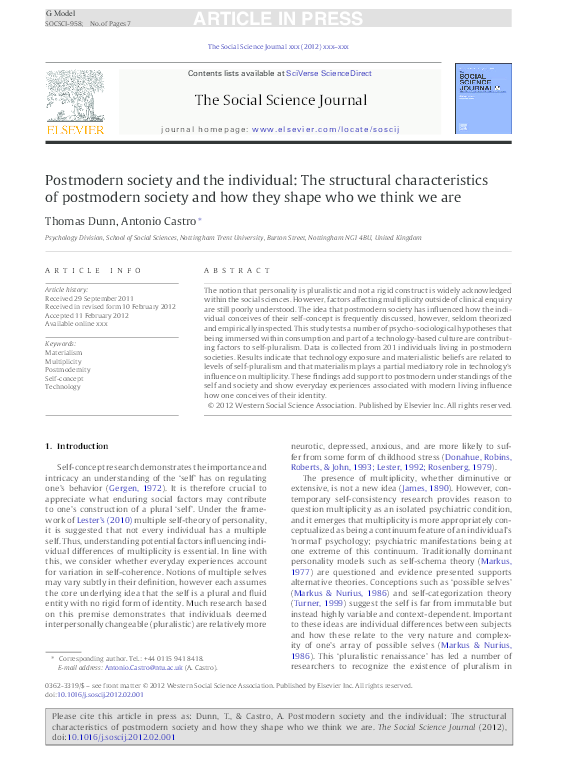 (PDF) Postmodern society and the individual:The structural ...