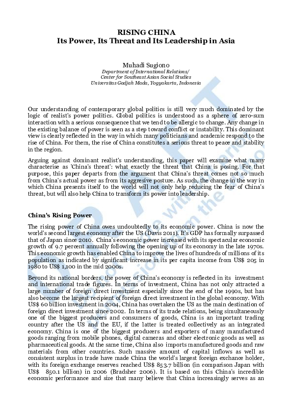 (PDF) Rising China: Its Power, Its Threat and Its Leadership