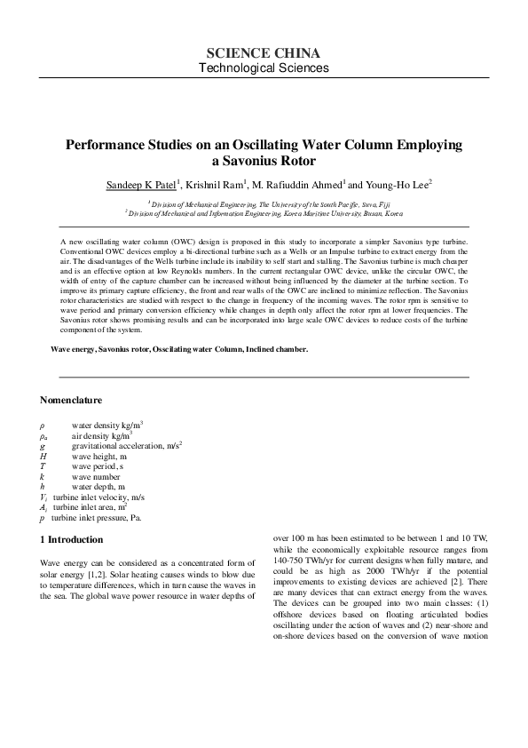 (PDF) Performance studies on an oscillating water column employing a Savonius rotor