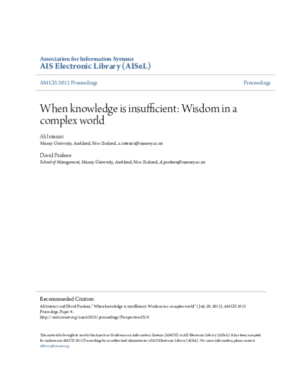 (PDF) When knowledge is insufficient: Wisdom in a complex world