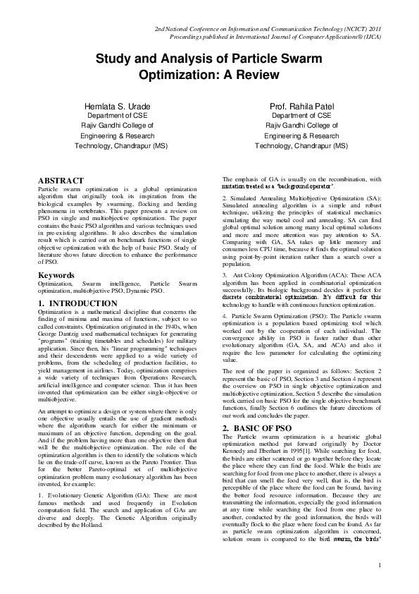 (PDF) Study and Analysis of Particle Swarm Optimization: A Review