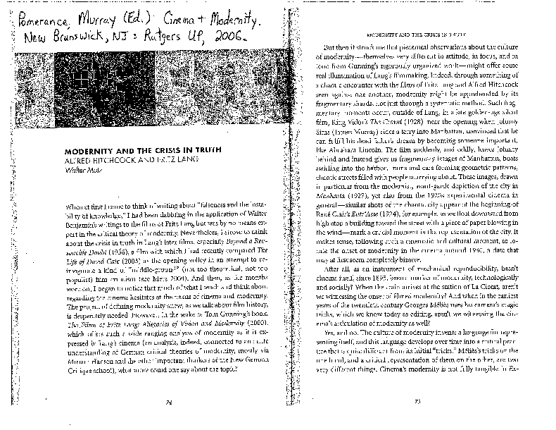 (PDF) “Modernity and the Crisis in Truth: Alfred Hitchcock and Fritz Lang"