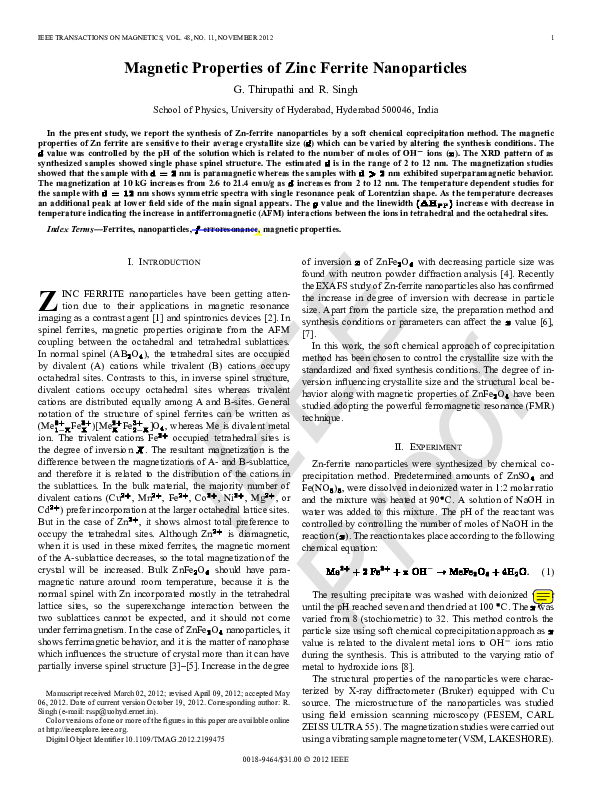 (PDF) Magnetic Properties of Zinc Ferrite Nanoparticles