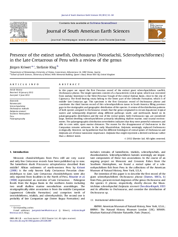 (PDF) Presence of the extinct sawfish, Onchosaurus (Neoselachii ...