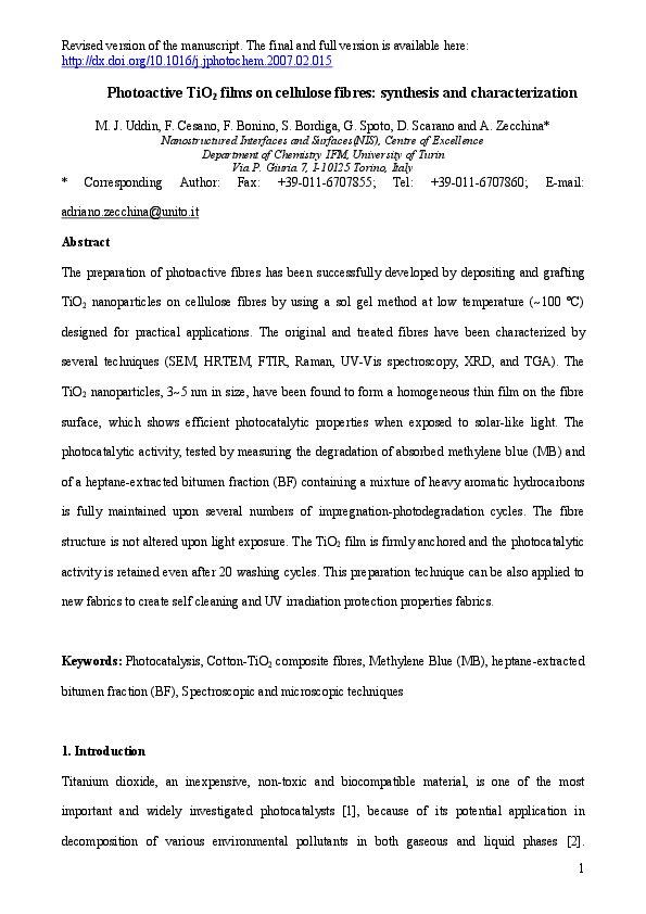 Pdf Photoactive Tio2 Films On Cellulose Fibres Synthesis And Characterization Federico