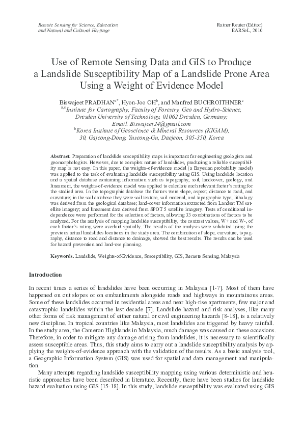 Pdf Use Of Remote Sensing Data And Gis To Produce A Landslide Susceptibility Map Of A