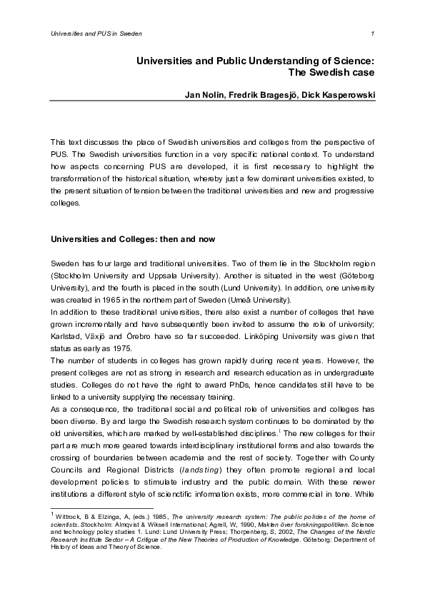(PDF) Universities and Public Understanding of Science: The Swedish case