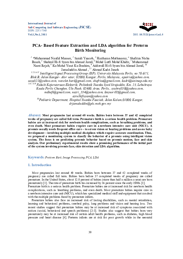 Pdf Pca Based Feature Extraction And Lda Algorithm For Preterm Birth Monitoring