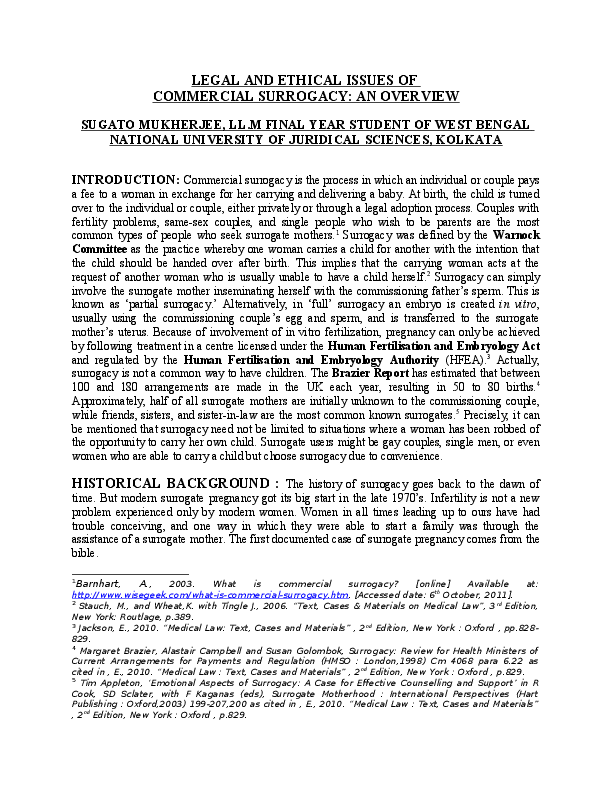 (DOC) LEGAL AND ETHICAL ISSUES OF COMMERCIAL SURROGACY IN INDIA: AN ...