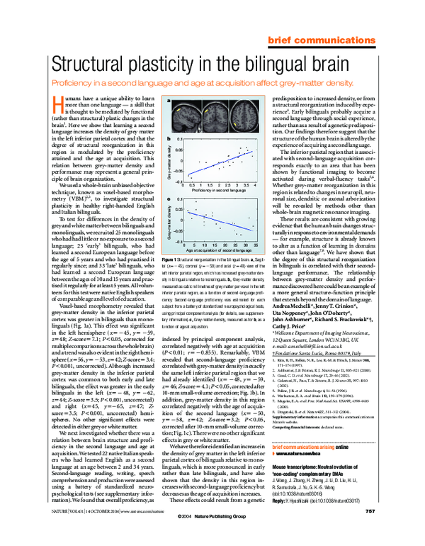 (PDF) Neurolinguistics: structural plasticity in the bilingual brain