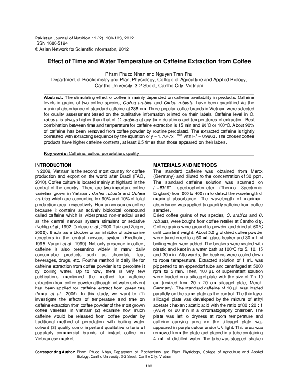 (PDF) Effect of Time and Water Temperature on Caffeine Extraction from ...