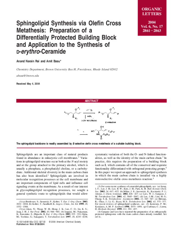 (PDF) Sphingolipid Synthesis via Olefin Cross Metathesis: Preparation ...