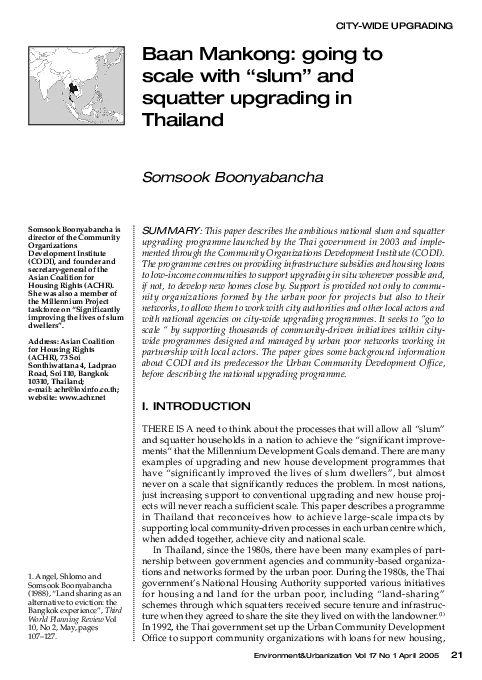 (PDF) Baan Mankong: Going to scale with “slum” and squatter upgrading ...