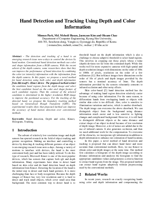 (PDF) Hand Detection and Tracking Using Depth and Color Information