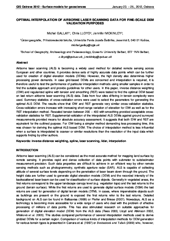 Pdf Optimal Interpolation Of Airborne Laser Scanning Data For Fine Scale Dem Validation Purposes
