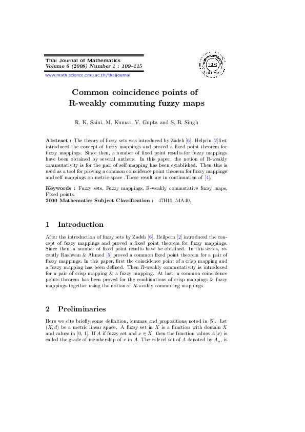 Pdf Common Coincidence Points Of R Weakly Commuting Fuzzy Maps