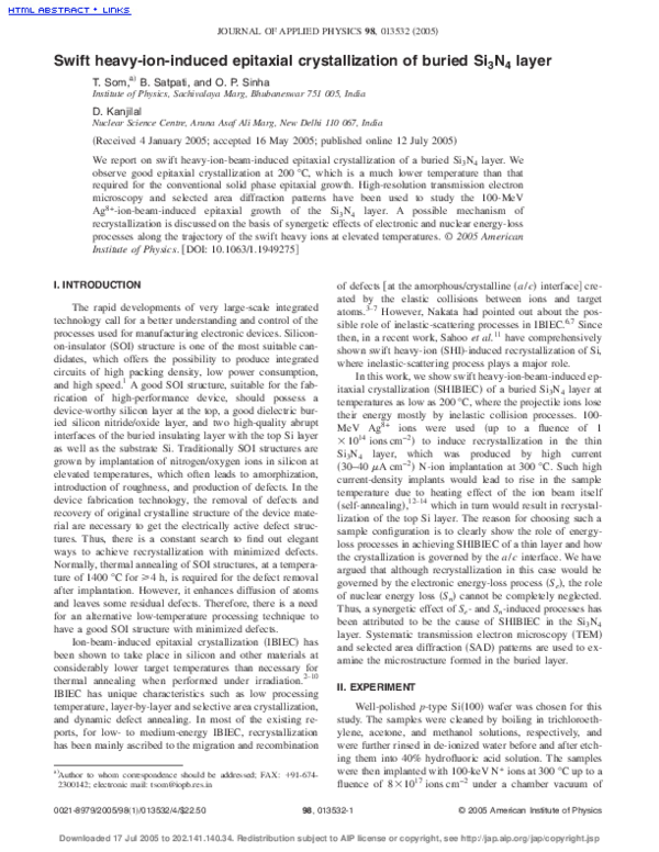 (PDF) Swift heavy ion induced epitaxial crystallization of buried Si3N4 layer