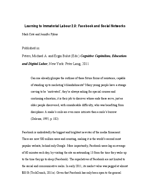 (PDF) Learning to Immaterial Labour 2.0: Facebook and Social Networks