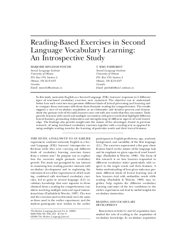 (PDF) Reading‐Based Exercises in Second Language Vocabulary Learning: An Introspective Study