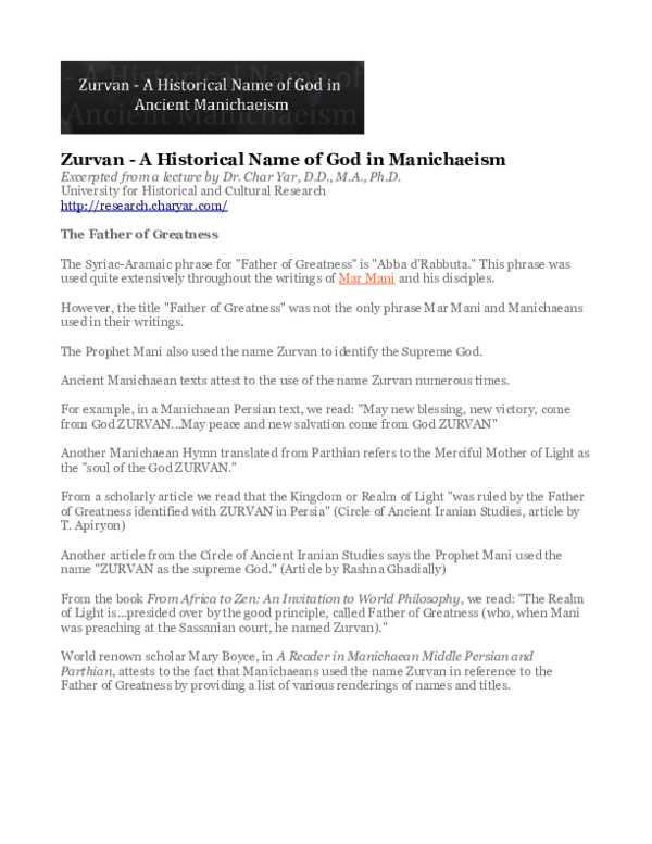 (PDF) Zurvan - A Historical Name of God in Manichaeism