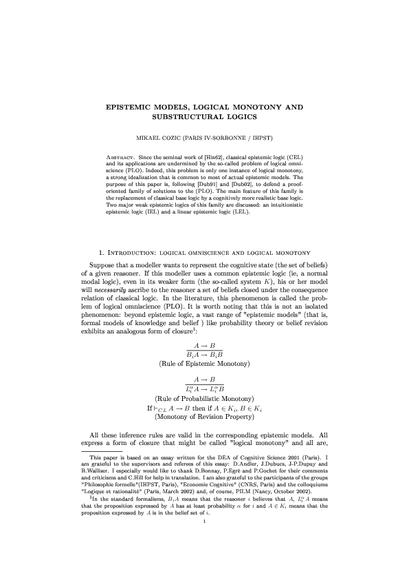 (PDF) Epistemic models, logical monotony and substructural logics