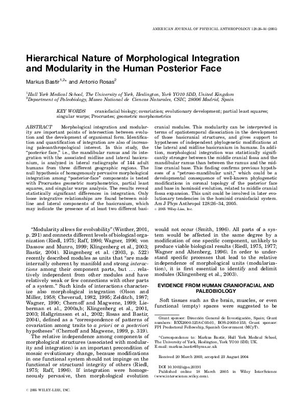 (PDF) Hierarchical nature of morphological integration and modularity in the human posterior face