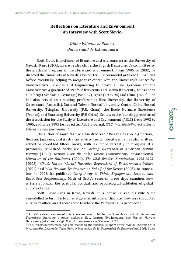 (PDF) Reflections on Literature and Environment: An Interview with ...