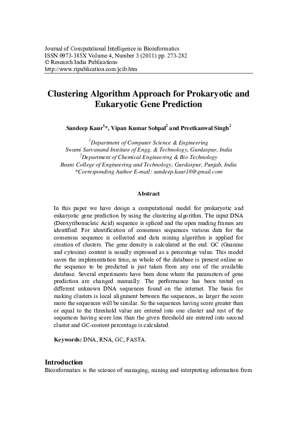 Pdf Clustering Algorithm Approach For Prokaryotic And Eukaryotic Gene Prediction