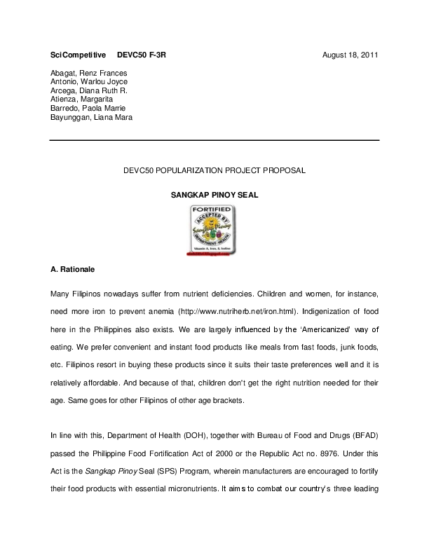 (PDF) Popularization Project Proposal in DEVC50 (Sangkap Pinoy Seal)