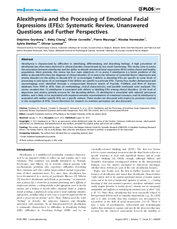 (PDF) Alexithymia and the Processing of Emotional Facial Expressions ...
