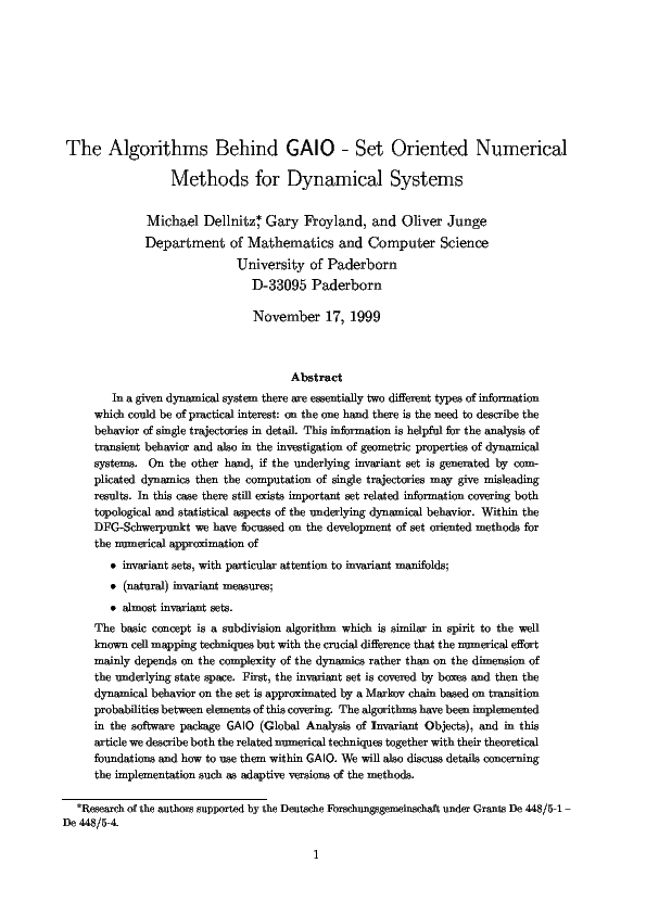 (PDF) The algorithms behind GAIO-set oriented numerical methods for dynamical systems