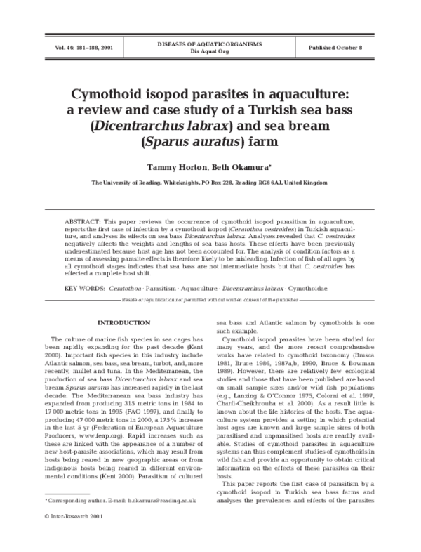 (PDF) Cymothoid isopod parasites in aquaculture: a review and case ...