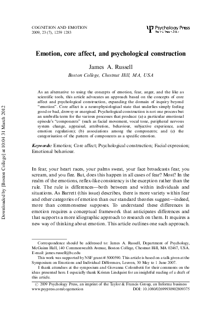 (PDF) Emotion, Core Affect, and Psychological Construction