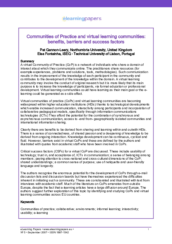 Pdf Communities Of Practice And Virtual Learning Communities