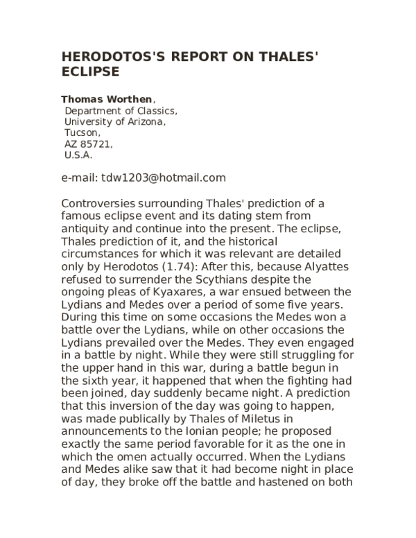 Herodotus's report of Thales' prediction of an eclipse