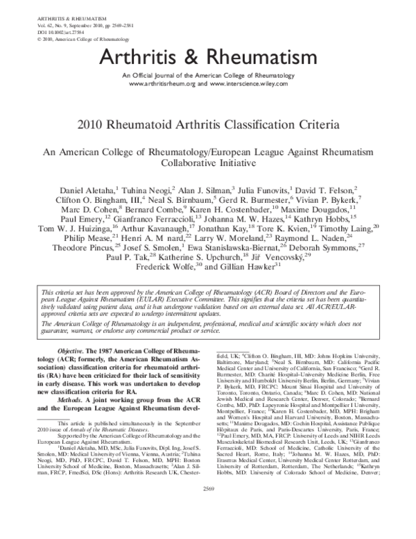 (PDF) 2010 rheumatoid arthritis classification criteria: an American ...