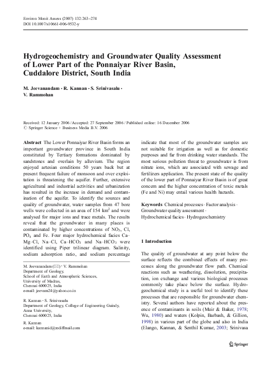 (PDF) Hydrogeochemistry and groundwater quality assessment of lower part of the Ponnaiyar River ...