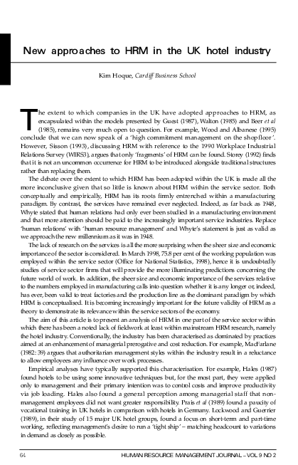 (PDF) New approaches to HRM in the UK hotel industry