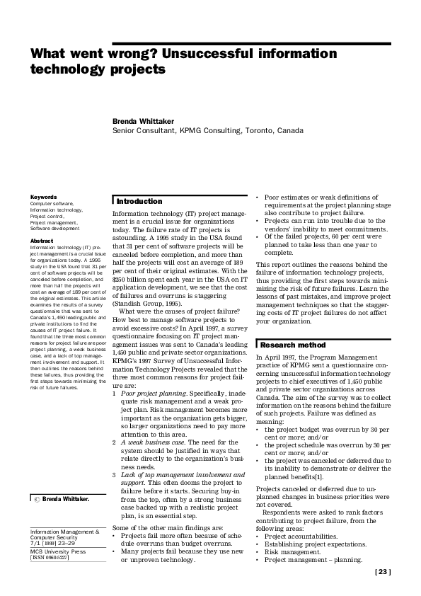 (PDF) What went wrong? Unsuccessful information technology projects