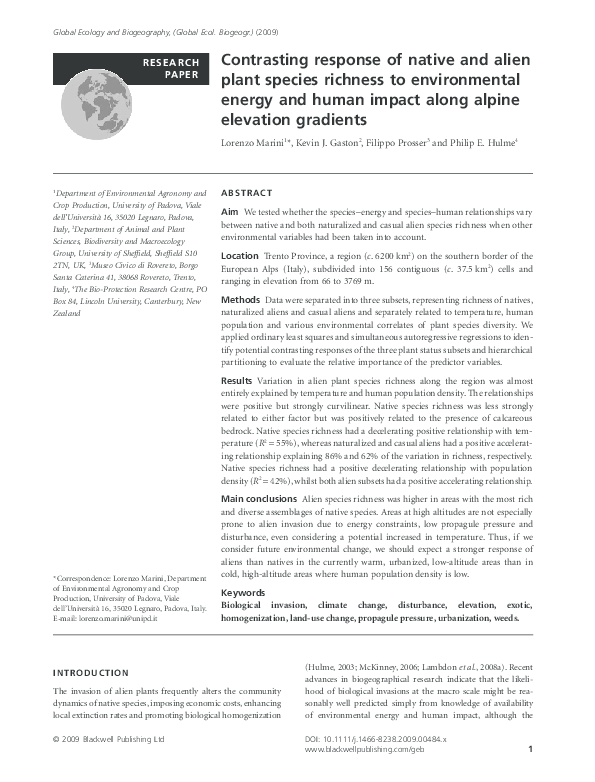 (PDF) Contrasting response of native and alien plant species richness to environmental energy ...